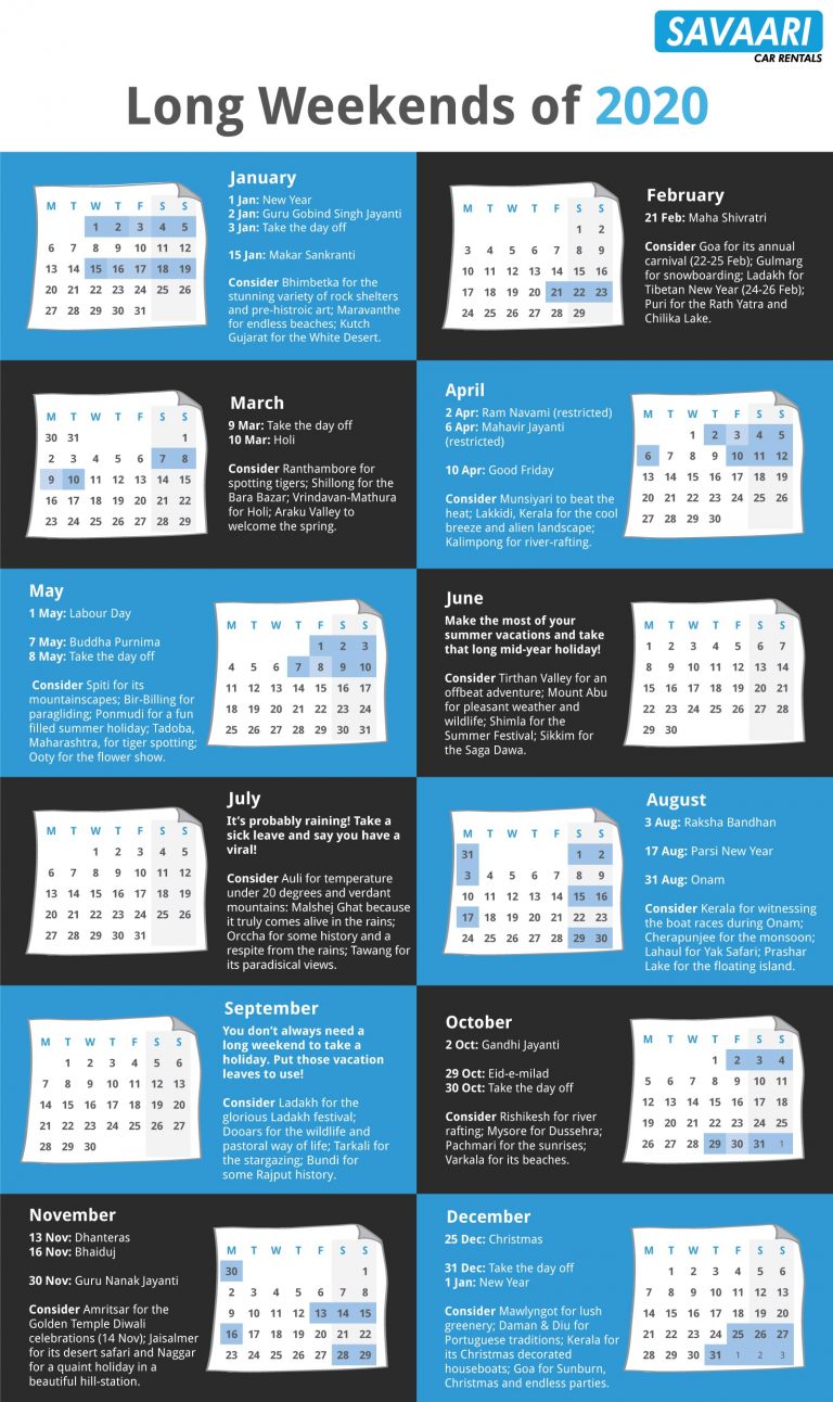 The Definitive Travel Calendar for 2020 - Savaari Car Rentals Blog
