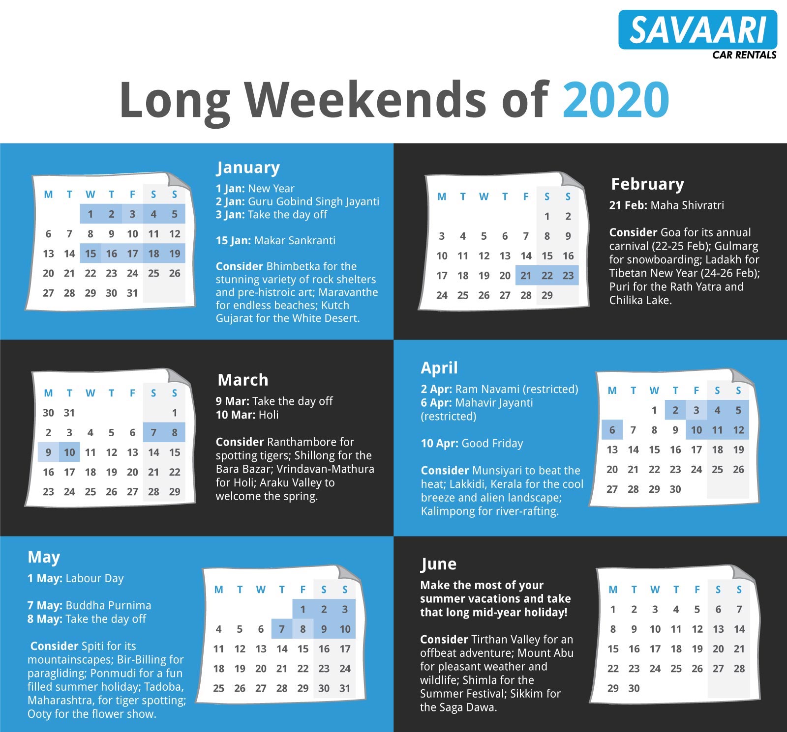 The Definitive Travel Calendar for 2020 - Savaari Car Rentals Blog