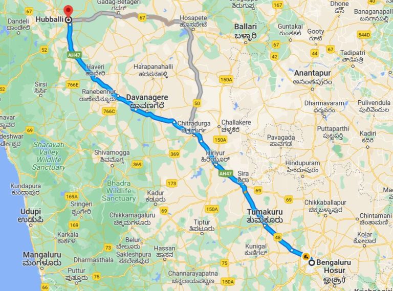 Bangalore to Hubli by Road - Distance, Time & Highway information